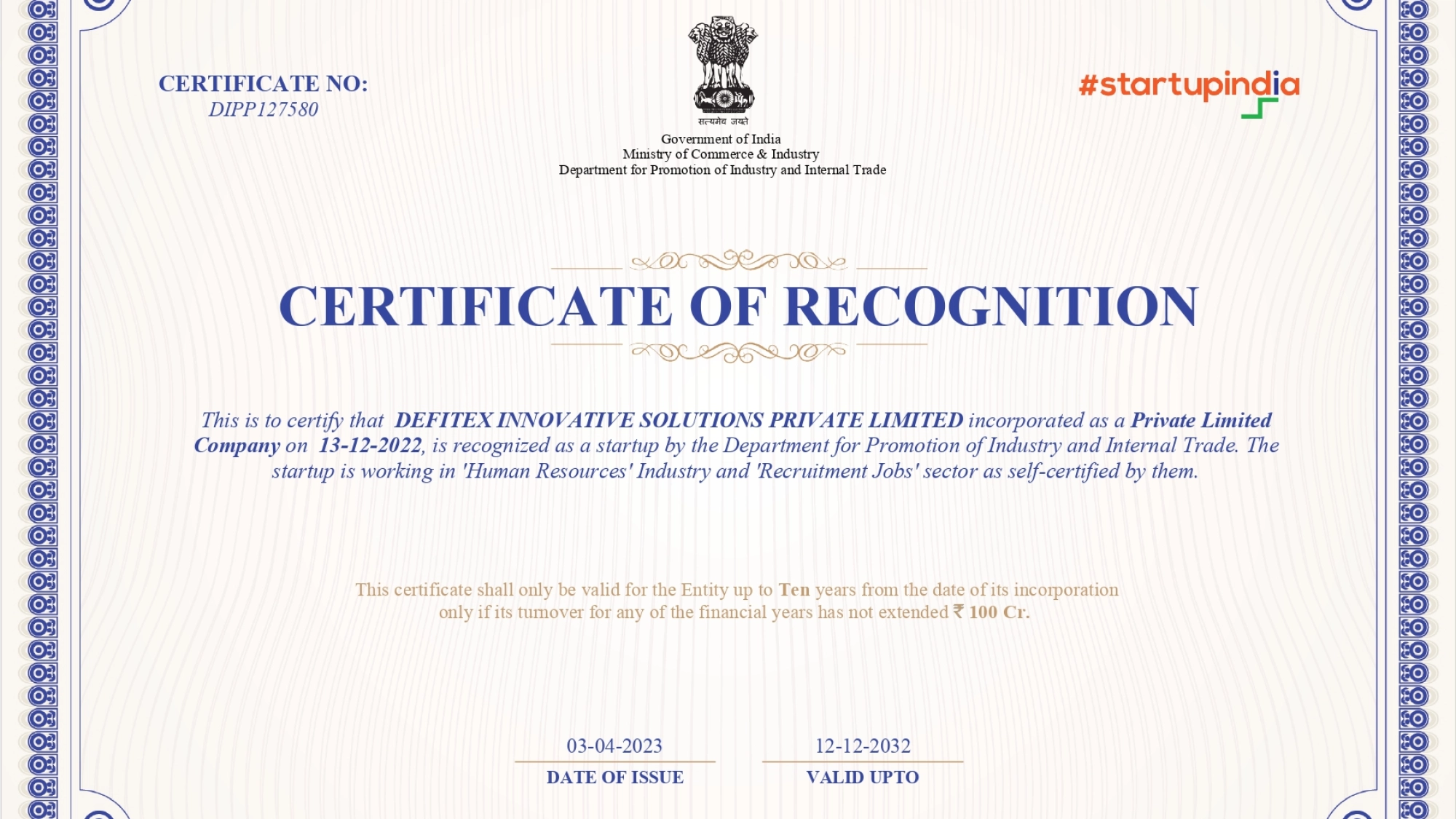 Defitex Receives Recognition from Startup India and DPIIT Certificate ... Defitex Receives Recognition from Startup India and DPIIT Certificate ...
